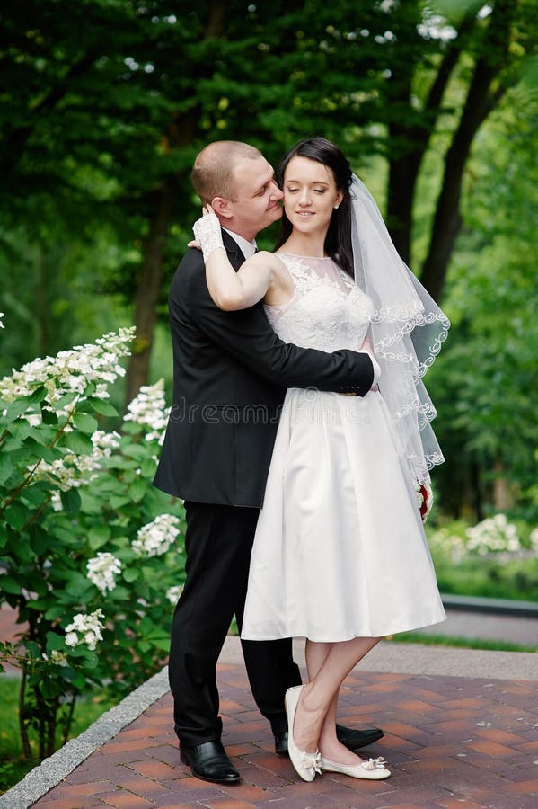Bride and Groom at Wedding Day Walking Outdoors on Spring Nature Stock ...