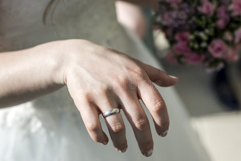 Bride Hand with Wedding Ring Closeup Detail Stock Image - Image of ...