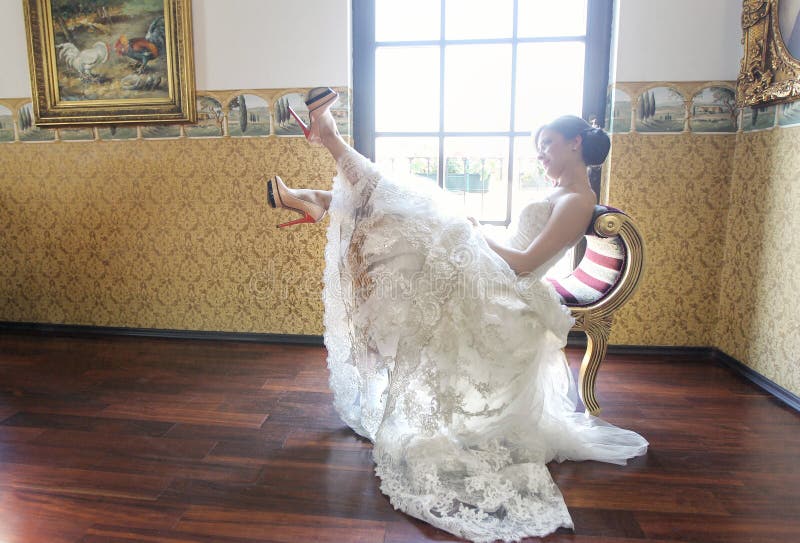 Bride in Her Wedding Day Feeling Great Stock Photo - Image of couple ...