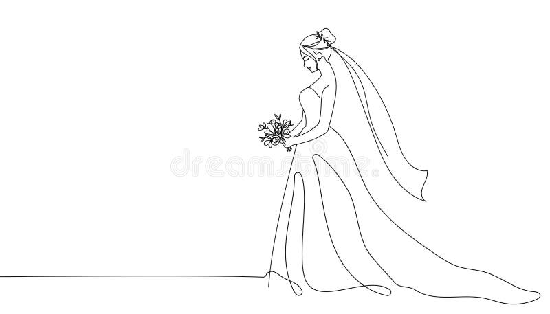 Bride Holding A Bouquet Continuous Line Drawing One Line Bride