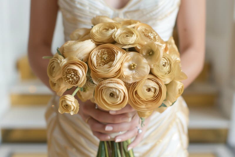 Bride Holding a Bouquet of Gold Ranunculus Stock Photo - Image of ...