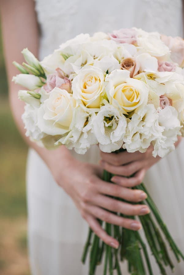 Bride Holding Wedding Bouquet. White Peony Flowers. Classical Elegance ...