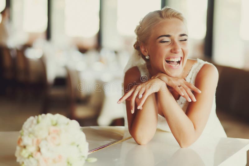 Bride Laugh Broad Sitting at a White Piano Stock Image - Image of ...