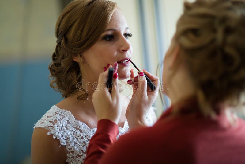 Bride Makeup Being Done by Sister Stock Image - Image of face, lady ...
