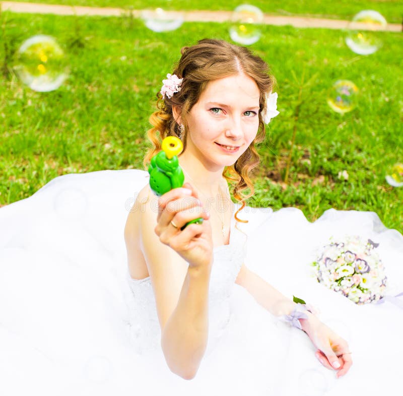 Bride Play with Soap-bubble and Joy Smile Stock Image - Image of cute ...