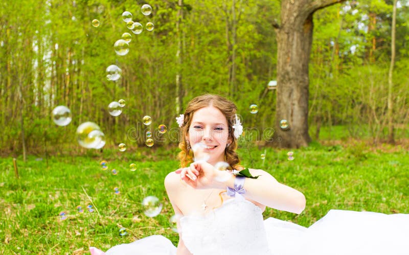 Bride Play with Soap-bubble and Joy Smile Stock Image - Image of groom ...