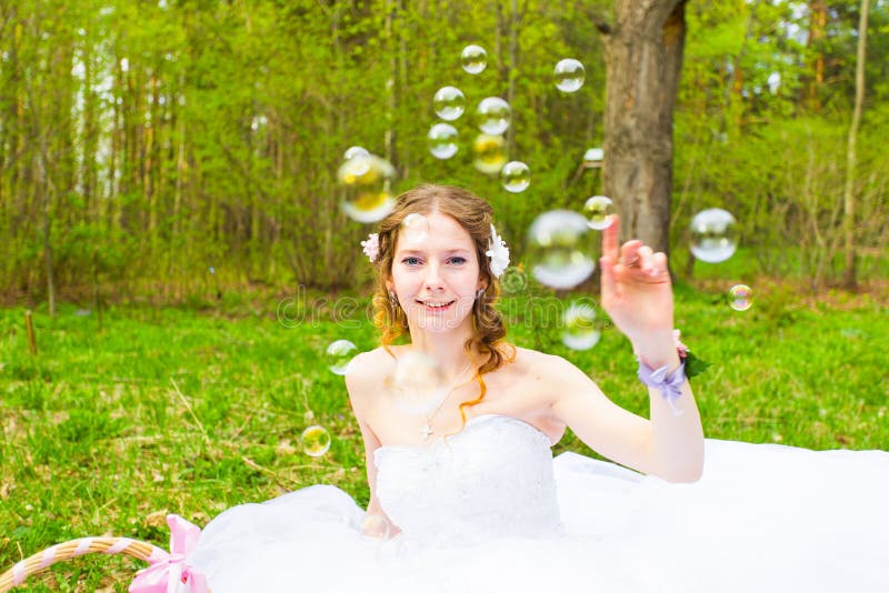 Bride Play with Soap-bubble and Joy Smile Stock Image - Image of happy ...