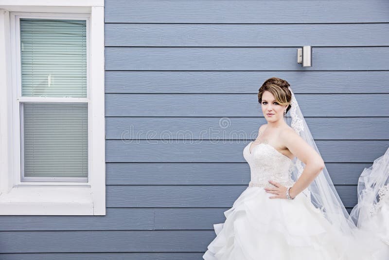 Bride in Princess Gown Standing by Blue Wall Stock Image - Image of ...
