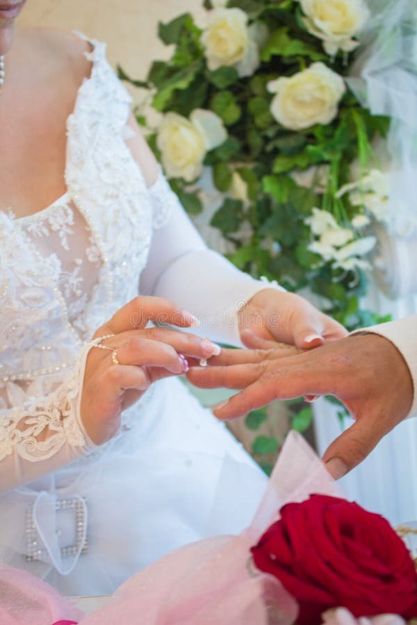 The Bride Puts a Wedding Ring on the Ring Finger. Stock Photo - Image ...