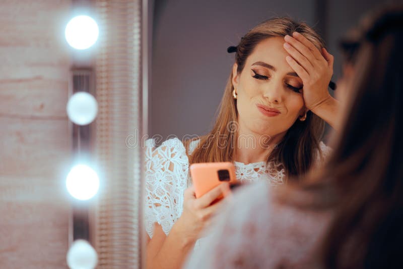 Bride Reading a Last-Minute Text Message Feeling Confused Stock Photo ...