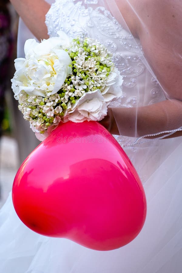 Bride with Red Balloon As Heart Stock Photo - Image of balloon, ribbon ...