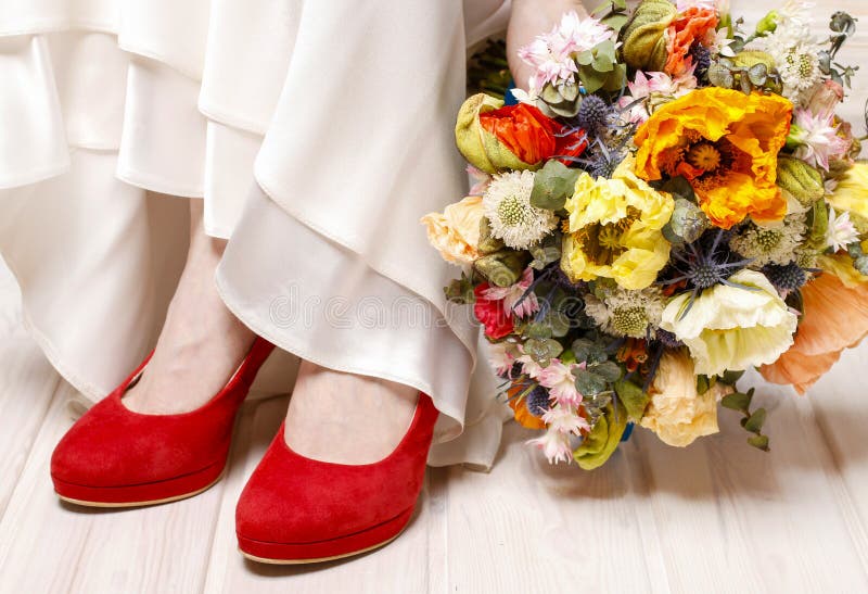 Bride in red shoes stock image. Image of boho, flower - 56389765