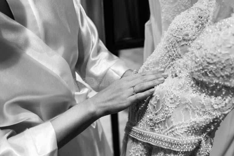 Bride`s Hand on a Wedding Dress Stock Photo - Image of married, dress ...
