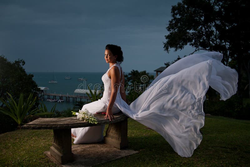 Bride Sitting with Dress Blowing in the Wind Stock Image - Image of ...