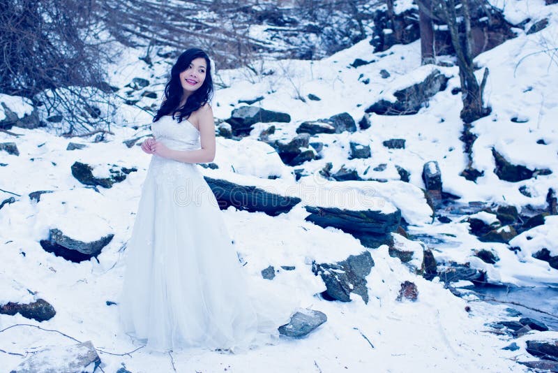 Bride on the snow stock image. Image of river, tree, smile - 37891841