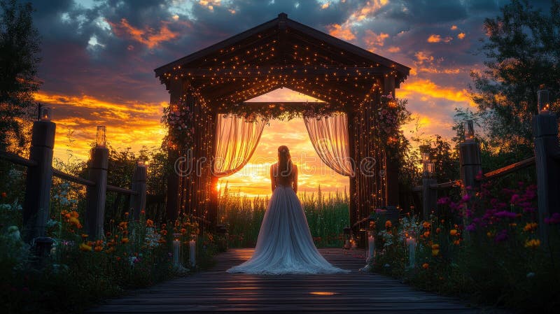 Bride at Sunset Wedding Ceremony Stock Illustration - Illustration of ...