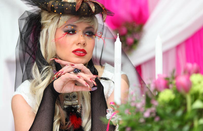 Bride Wearing Black Net Gloves and Unusual Hat Stock Image - Image of ...