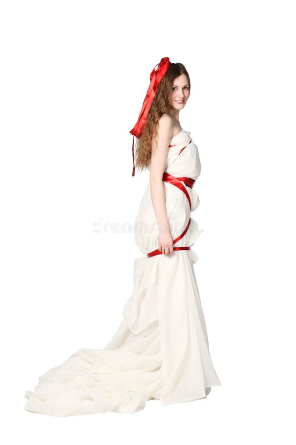 Bride Wrapped with Red Ribbons Posing Stock Image - Image of white ...