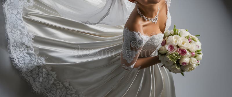 A Top View of Bride Wearing White Gown with Handling Bouquet Ai ...