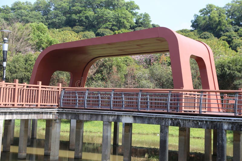 A Bridge with an Abstract, Angular Structure Made of Red Metal in the ...