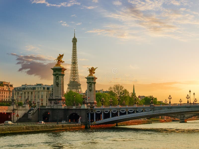 Bridge Alexander III and Eiffel Tower in Paris at Sunset Stock Photo ...