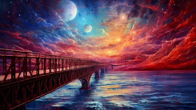 Bridge on the Background of Dramatic Red Sky. Digital Painting Stock ...