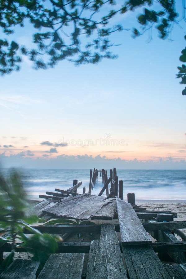 Bridge on Beach at Sunset Time Long Exposure Stock Image - Image of ...