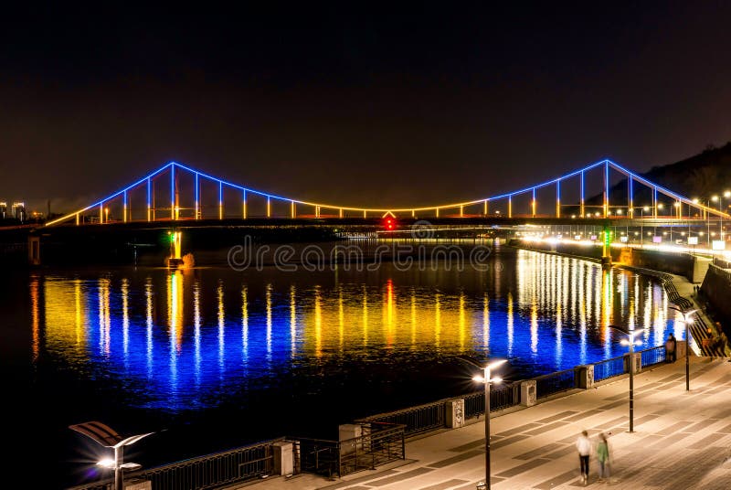 Bridge with Blue and Yellow Light at Night Stock Photo - Image of ...