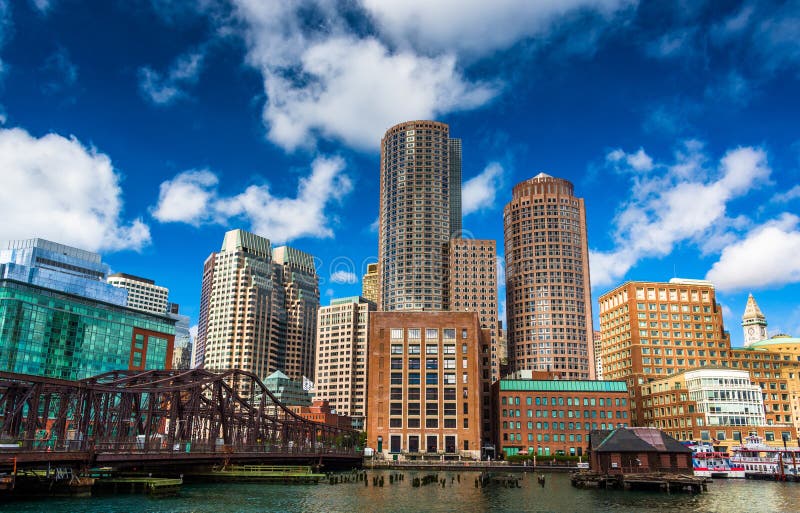 A Bridge and the Boston Skyline, Seen from Fort Point. Stock Photo ...