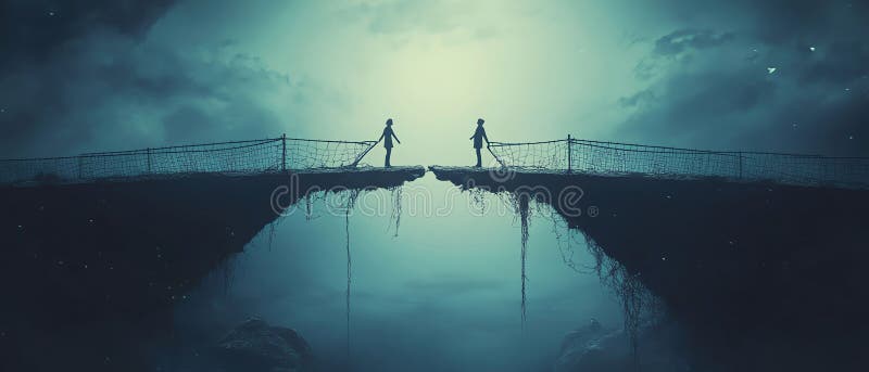 A Bridge Broken in the Middle with Two People Standing on Either Side ...