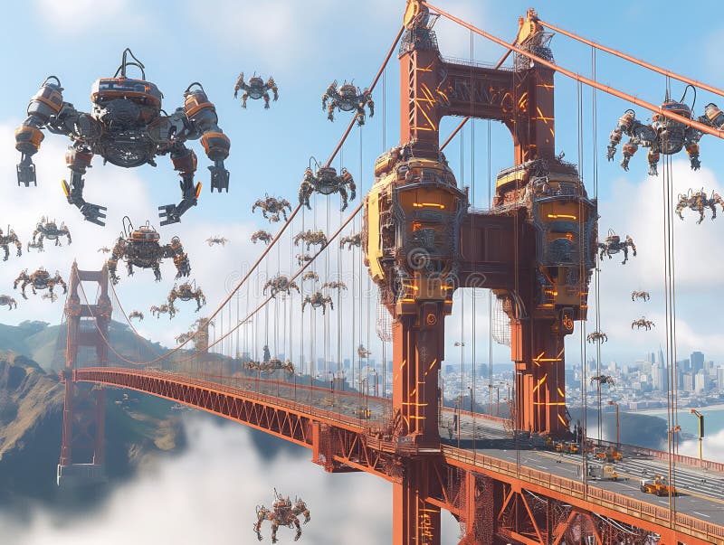 A Bridge with a Bunch of Robots Flying Over it Stock Image - Image of ...