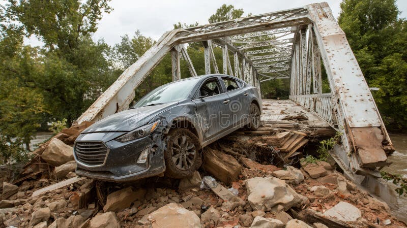 Bridge Collapse with Vehicle Stranded on a Debris-laden Structure Stock ...