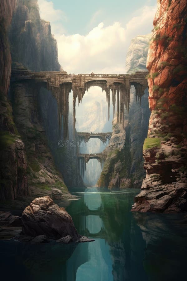 A Bridge Connecting Two Cliffs Over a River Stock Illustration ...