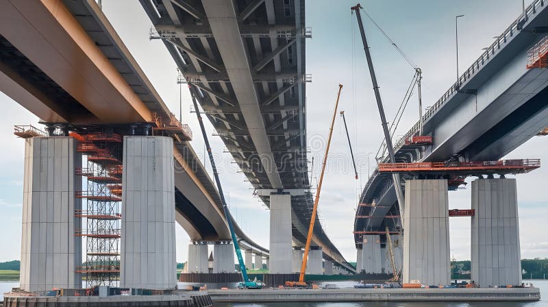 Bridge Construction with Cranes and Scaffolding Stock Illustration ...
