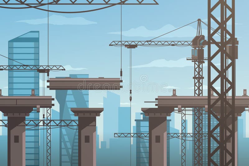 Bridge Construction Process on City Background Stock Vector ...