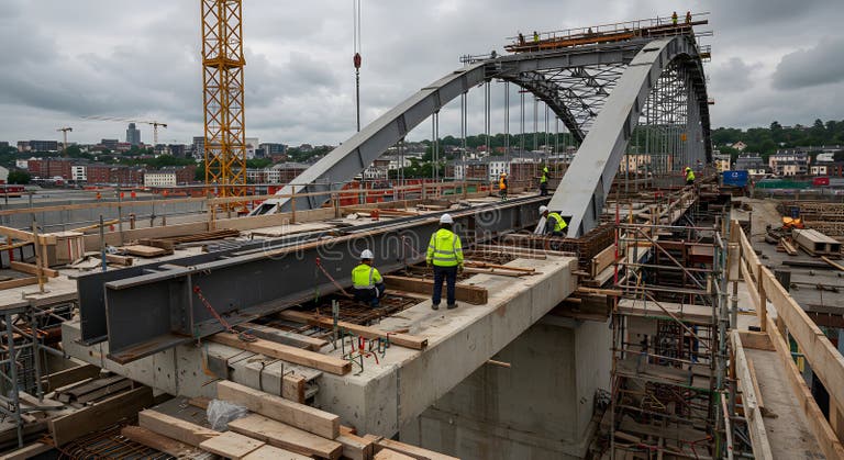 Bridge Construction Workers Installing Steel Beams Stock Illustration ...