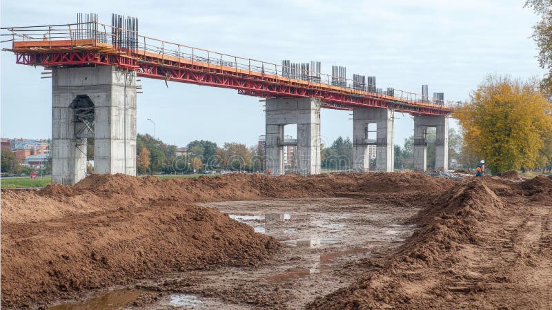 Bridge Construction Site with Concrete Pillars and Steel Framework ...