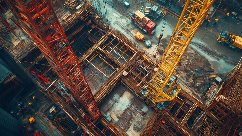 Bridge Construction Site with Cranes and Workers in Action Capturing ...