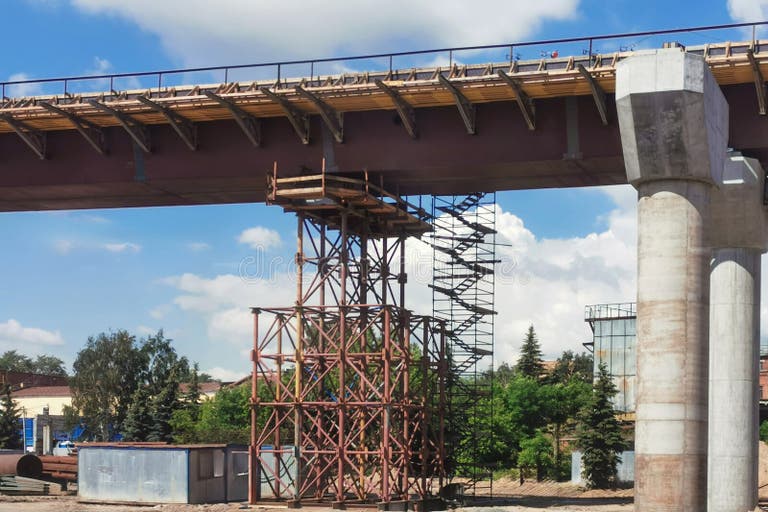 Bridge Construction Site with Metal Scaffolding, Concrete Support ...