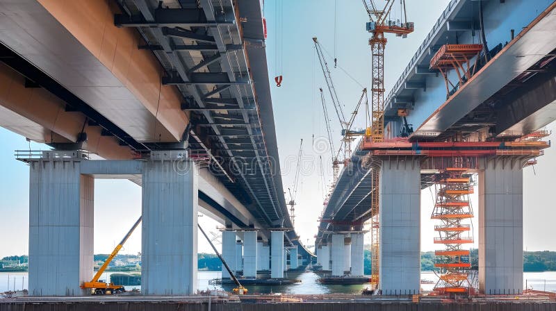 Bridge Construction Underway with Cranes and Scaffolding Stock ...