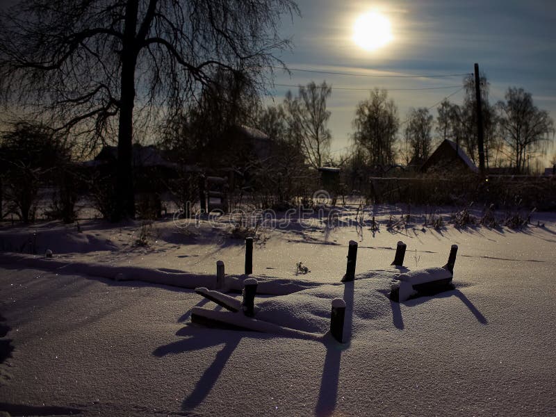 The Bridge Covered with Snow, Winter Night. the Moon in the Sky Stock ...