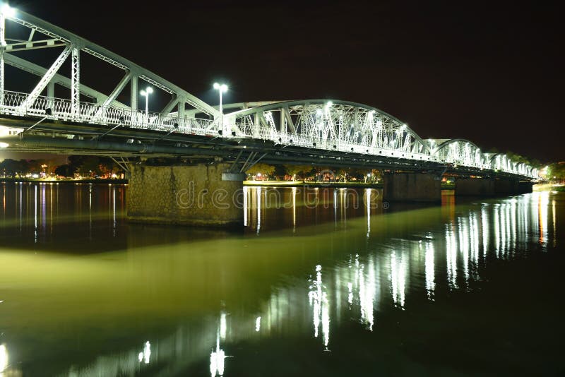 Bridge Cross River and Reflection Light Bulb on Night in Vietnam Stock ...
