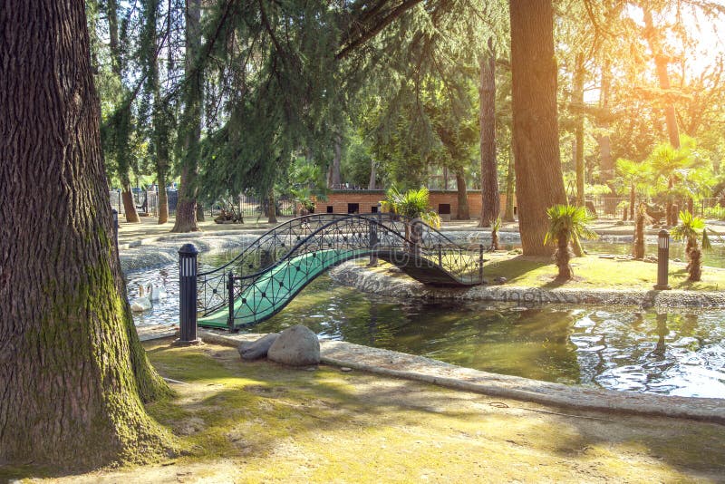 Bridge Crossing with Garden and Trees on the Other End Stock Photo ...