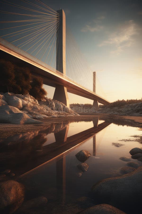 Bridge Crossing River Over Landscape with Rocks and Trees, Created ...