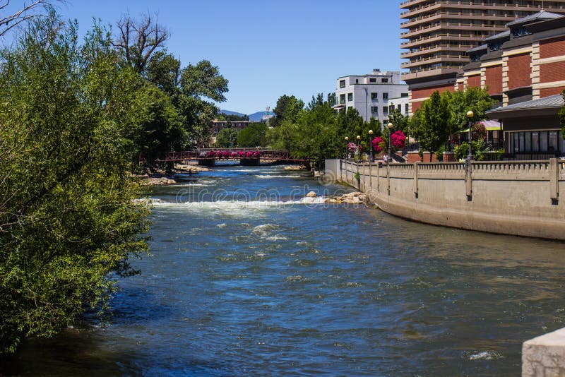 Bridge Crossing River from River Walk, Reno, Nevada Stock Photo - Image ...