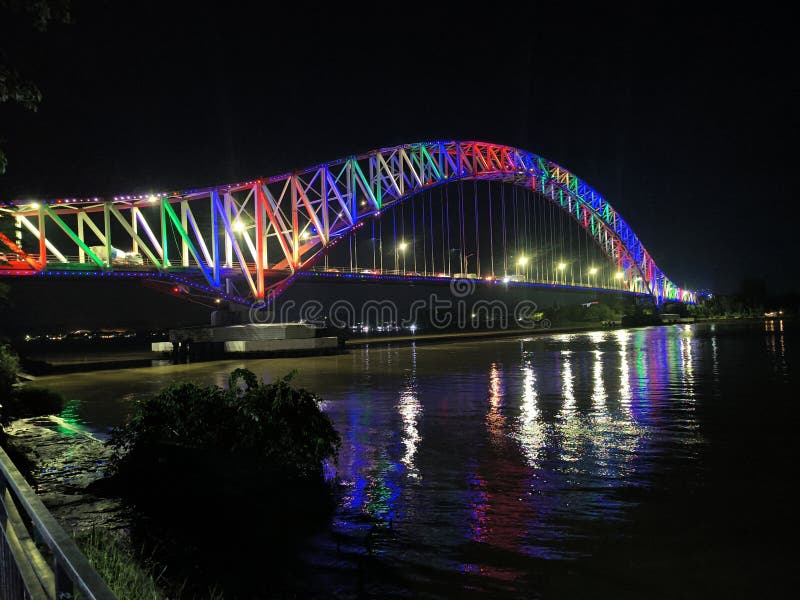 The Bridge Decorated with Colorful Lights Looks Very Beautiful Stock ...