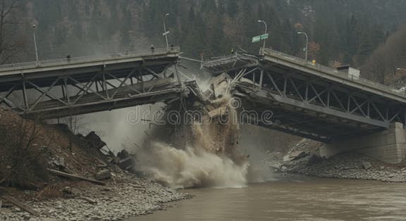Bridge Demolition with Explosion Causing a Large Splash in River Water ...