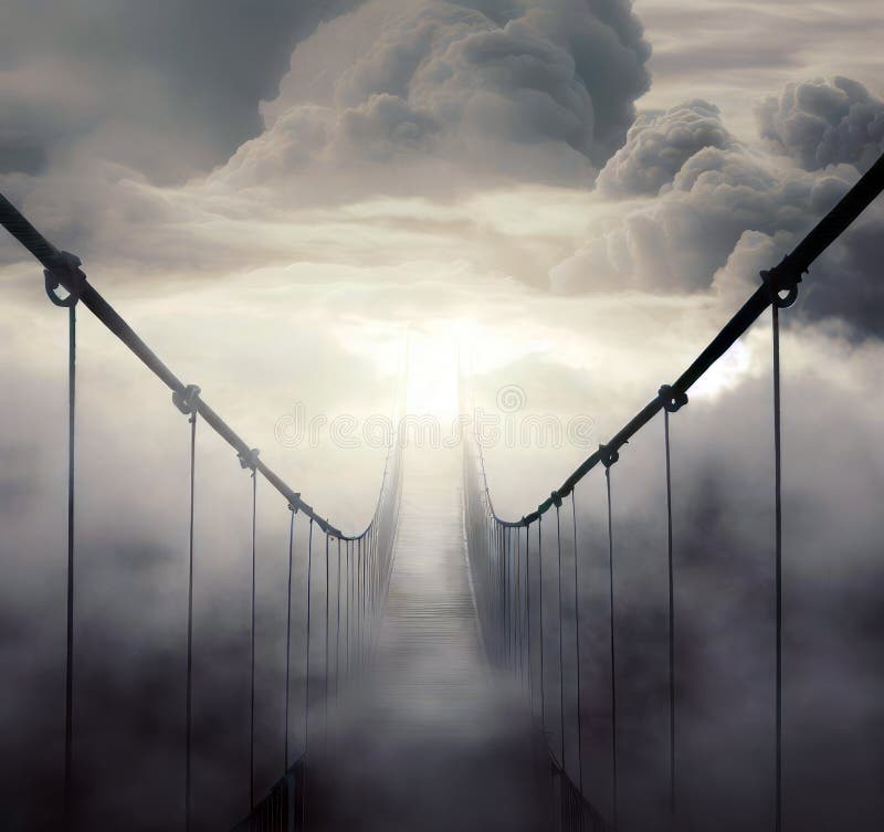 Bridge and Distant Man Fade into Mist Stock Illustration - Illustration ...