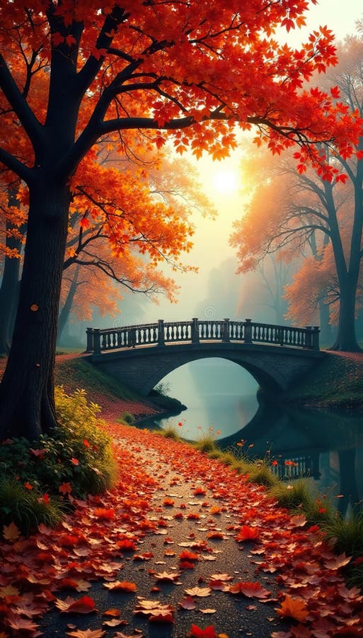 Bridge with Fallen Leaves and Branches Under Autumn Sun Tree Light ...