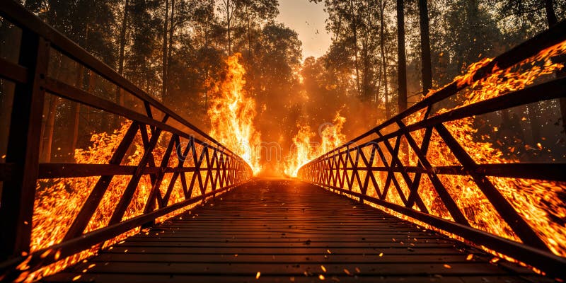 Bridge on Fire with Flames Coming from Both Ends Stock Illustration ...